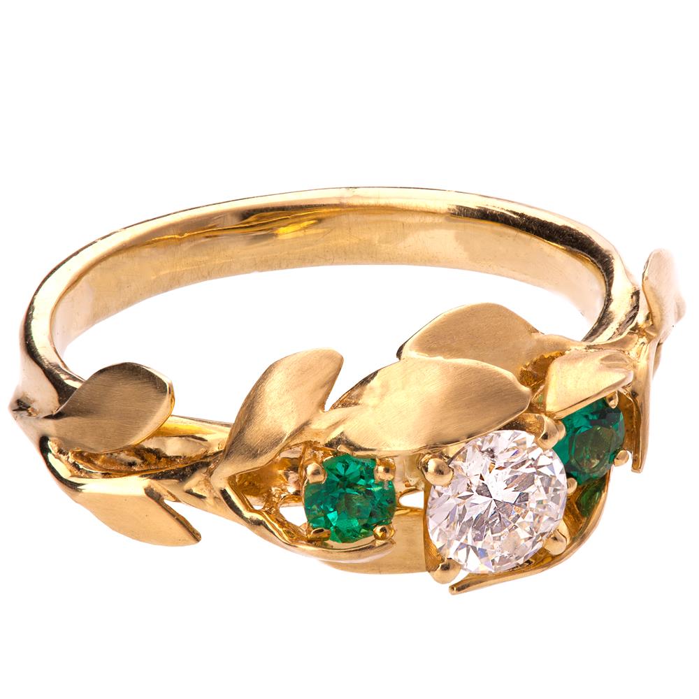Leaves Engagement Ring #8 Yellow Gold Diamond and Emeralds - Doron Merav